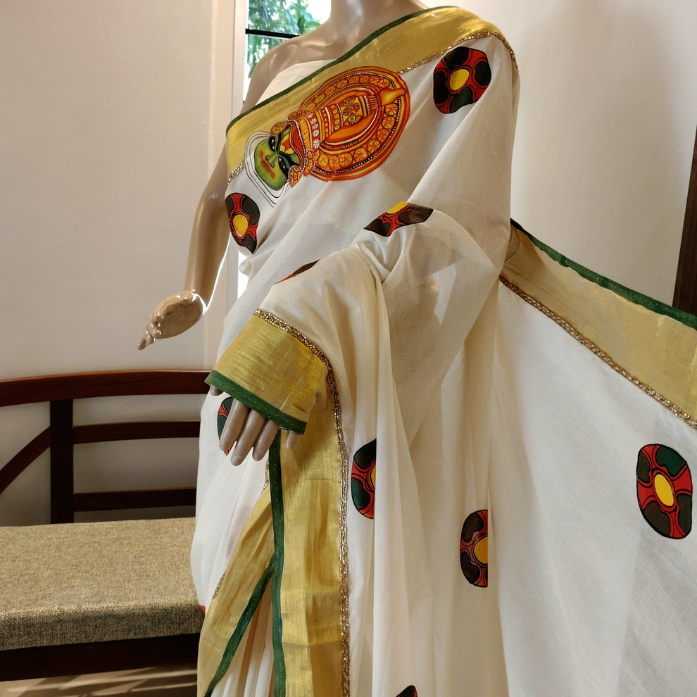 Traditional Kathakali Motif Hand-Painted on Kerala Saree – kriti-by-preethi